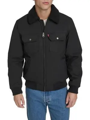LEVI'S Water-resistant Faux Shearling Collar Canvas Bomber Jacket - Black