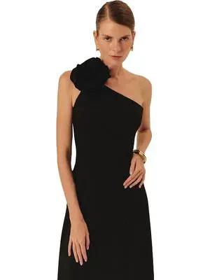 EXQUISE Emmy Midi Dress With Rose Appliqu - Black