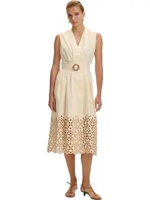 EXQUISE Sleeveless V-neck Belted Midi Dress - Cream