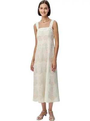 EXQUISE Elvis Square Neck Linen Midi Dress - Multi Color