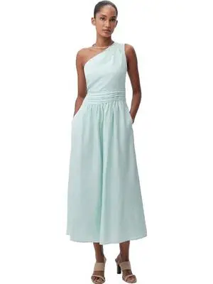 EXQUISE Asymmetrical One Shoulder Linen Blend Midi Dress - Blue