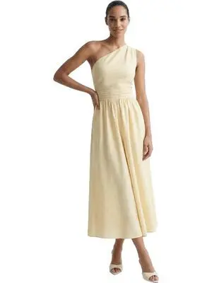 EXQUISE Asymmetrical One Shoulder Linen Blend Midi Dress - Ecru