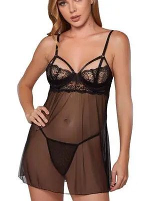 ICOLLECTION Demure Strappy Lace Babydoll Set - Black