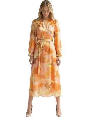 EXQUISE Crew Neck Long Sleeve Printed Midi Dress - Orange