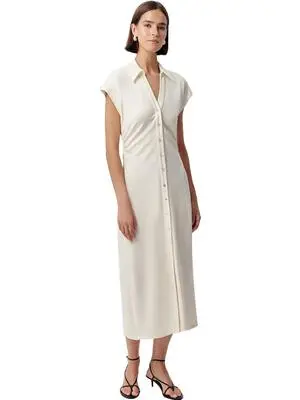 EXQUISE Ursula Collared Gathered Waist Knit Midi Dress - Bone