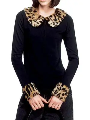 Anna Sui Deco Tees Long Sleeve With Faux Fur Accents - Black Multi