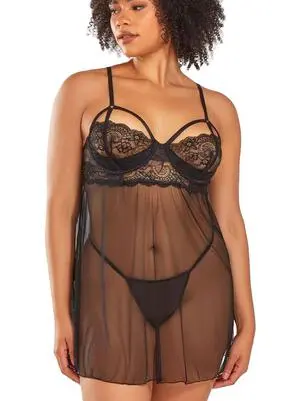 ICOLLECTION Demure Strappy Lace Babydoll Set - Black
