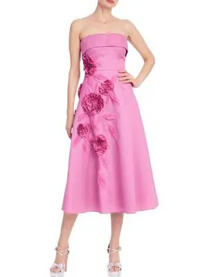 Badgley Mischka Beaded Floral Appliqué Strapless Cocktail Dress - Rose
