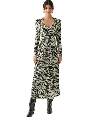 EXQUISE Keilani Midi Dress With Wrap Neck And Long Sleeves - Black-bone