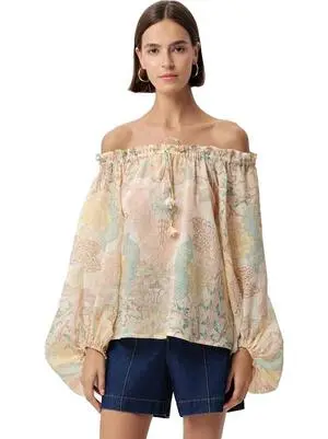 EXQUISE Off Shoulder Floral Print Ramie Blouse - Multi Color