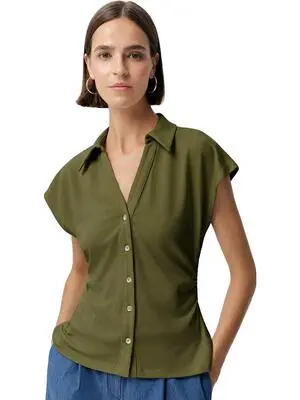 EXQUISE Siennal Short Sleeve Knit Shirt With Gathered Waist - Khaki