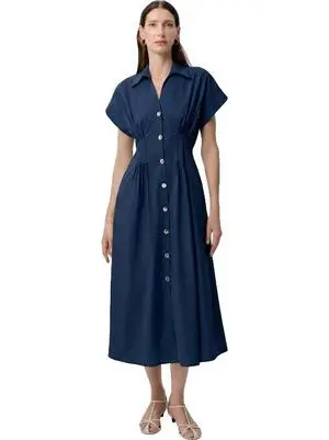 EXQUISE Reilly Shirt Collar Midi Dress - Navy