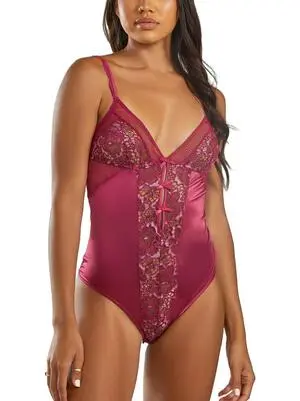 ICOLLECTION Two-toned Lace & Satin Bodysuit - Wine