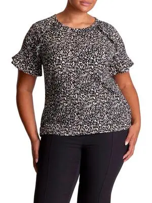 ESTELLE Abstract Geometric Flutter Sleeve Top - Black/neutral