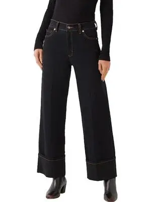 Karen Kane Cropped Wide Leg Jeans With Cuffed Hem - Black