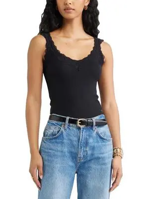 OPEN EDIT Lace Trim Ribbed Tank Top - Black