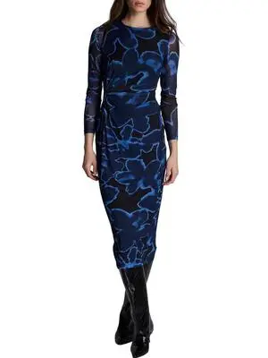 KENNETH COLE Knot Front Mesh Midi Dress - Black Multi