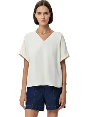 EXQUISE V Neck Short Sleeve Blouse - Ecru