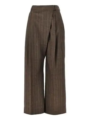 GANNI Wool Blend Pinstripe Wide Leg Trousers - Brown