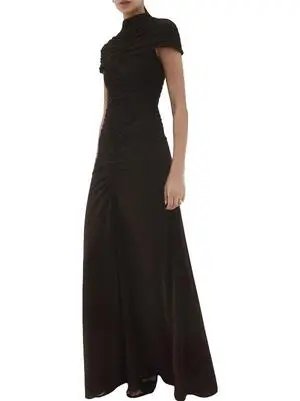 Mango Ruched Mock Neck Gown - Brown