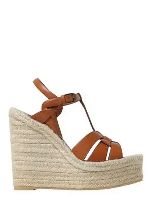 Saint Laurent Leather Strappy Wedge Sandals - Brown