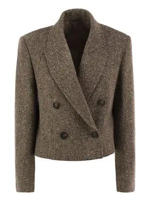 Brunello Cucinelli Double-breasted Herringbone Blazer With Subtle Shimmer - Brown