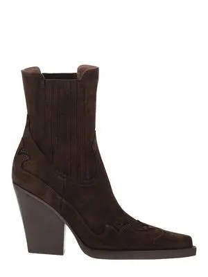 Paris Texas Dallas Embroidered Suede Western Ankle Boots - Brown