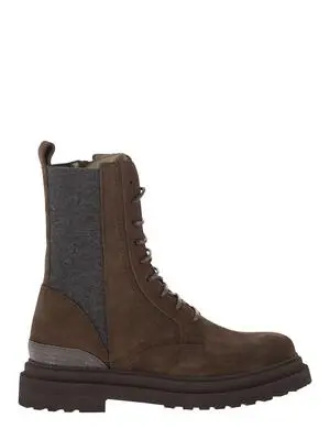 Brunello Cucinelli Suede And Cashmere Combat Boots With Monili Trim - Brown