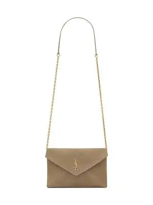 Saint Laurent Cassandre Small Chain Pouch In Suede - Light Cumin