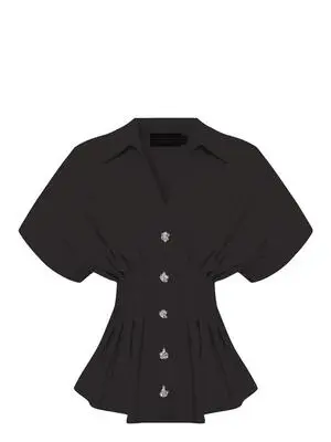 EXQUISE Exquise Pleated Waist Button-Up Blouse