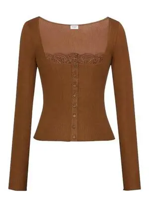Saint Laurent Ribbed Silk Square Neck Top - Cognac