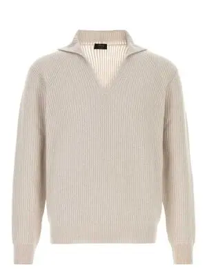 Brioni V-neck Ribbed Long Sleeve Sweater - Beige