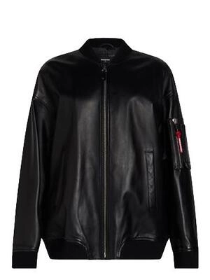 Dsquared2 Ovine Leather Bomber Jacket With Knitted Trims - Black