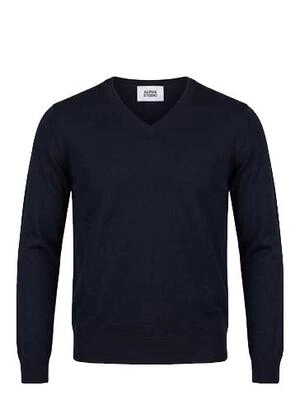 Alpha Studio Midnight Merino Wool V-neck Sweater - Blue