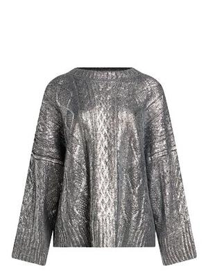 CARLA G. CARLA G. Cable-Knit Metallic Crewneck Sweater Silver