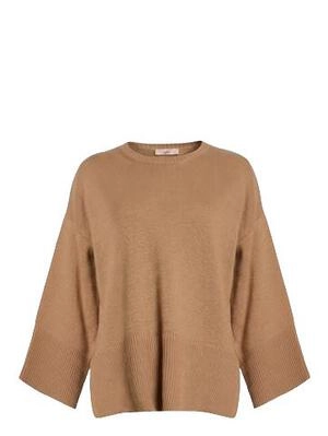 CARLA G. Crewneck Sweater With Side Slit Hem - Beige