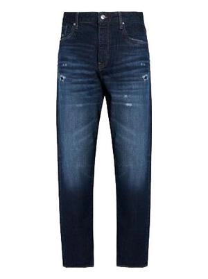 Armani Exchange Tapered Jeans In Dark Wash Cotton With Distressed Details - Blue