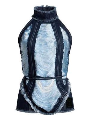 OFF-WHITE™ Halterneck Denim Top With Fringe Detail - Blue