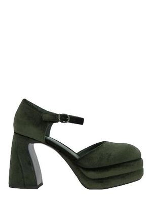 JEANNOT Velvet Buckled Block Heel Pumps - Green