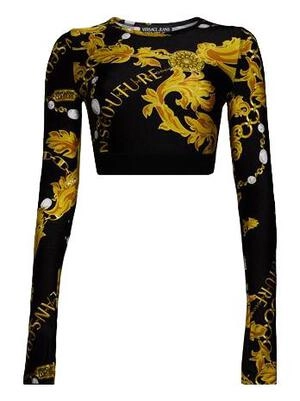 Versace Long Sleeve Crewneck Top With Signature Print - Black