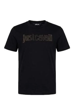 Just Cavalli Cotton T-shirt With Crystal Logo Appliqués - Black
