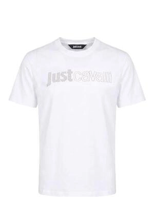 Just Cavalli Cotton T-shirt With Crystal Logo Appliqués - White