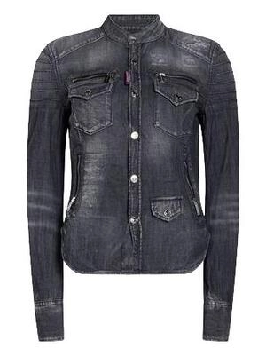 Dsquared2 Distressed Cotton Denim Shirt With Mandarin Collar - Grey