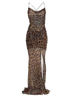 Blumarine Silk Georgette Leopard Print Maxi Dress - Beige