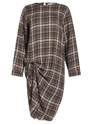 8PM Tartan Pattern Gathered Crewneck Midi Dress - Grey