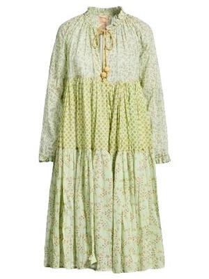 Yvonne S Light Cotton Tiered Embroidered Midi Dress - Green