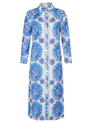 CASA ATELIER BY FERDINANDO FUSCO Bali Print Linen Maxi Shirt Dress - Blue/white