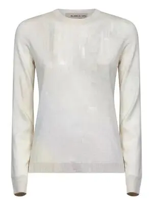 BLANCA VITA Ribbed Trim Fine Knit Top - Neutrals