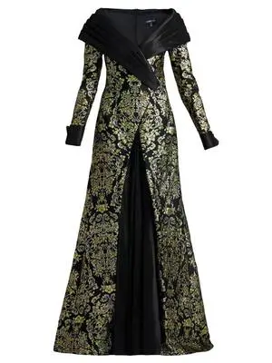 Tadashi Shoji Floral Brocade Maxi Dress - Black