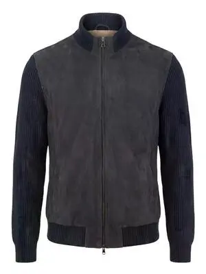 ARTE ANTWERP Suede Panelled Ribbed Knit Jacket - Blue